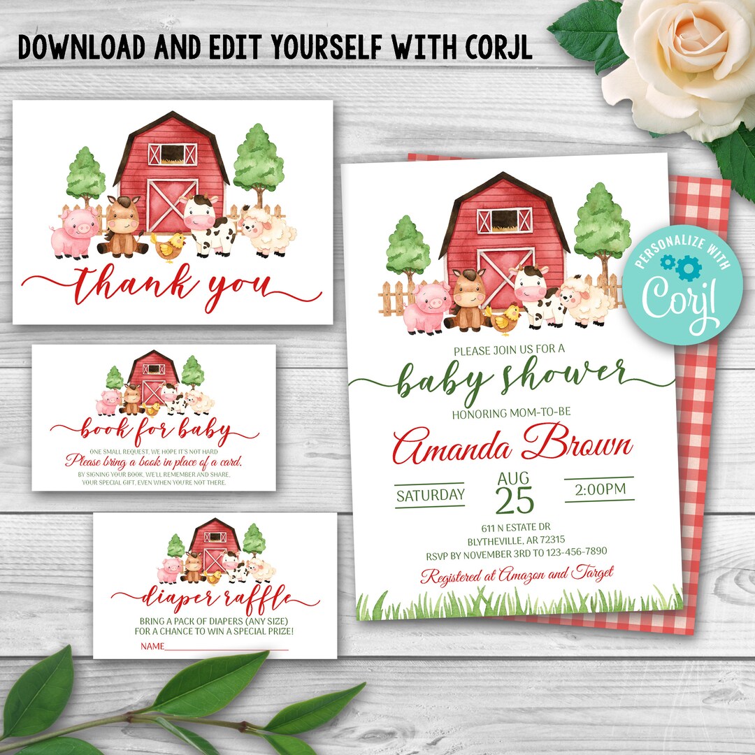 Editable Farm Animal Baby Shower Invitation Set, Red Farm Baby Shower ...