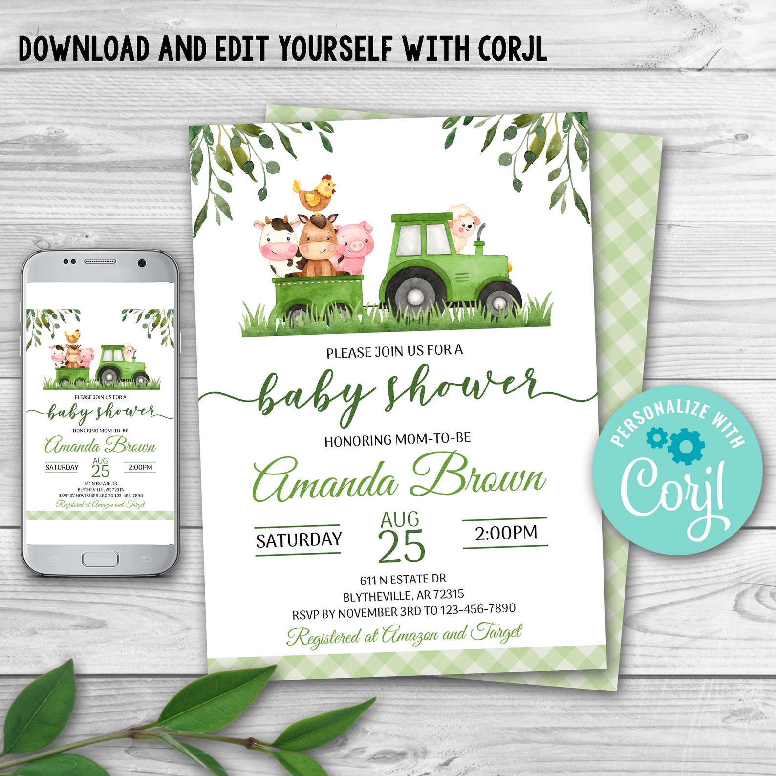 Editable Farm Baby Shower Invitation Green Tractor Baby Shower Invite ...