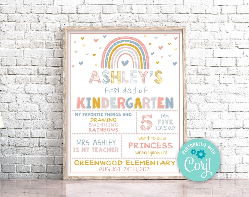 Editable First Day of Kindergarten Sign Boho Rainbow First - Etsy