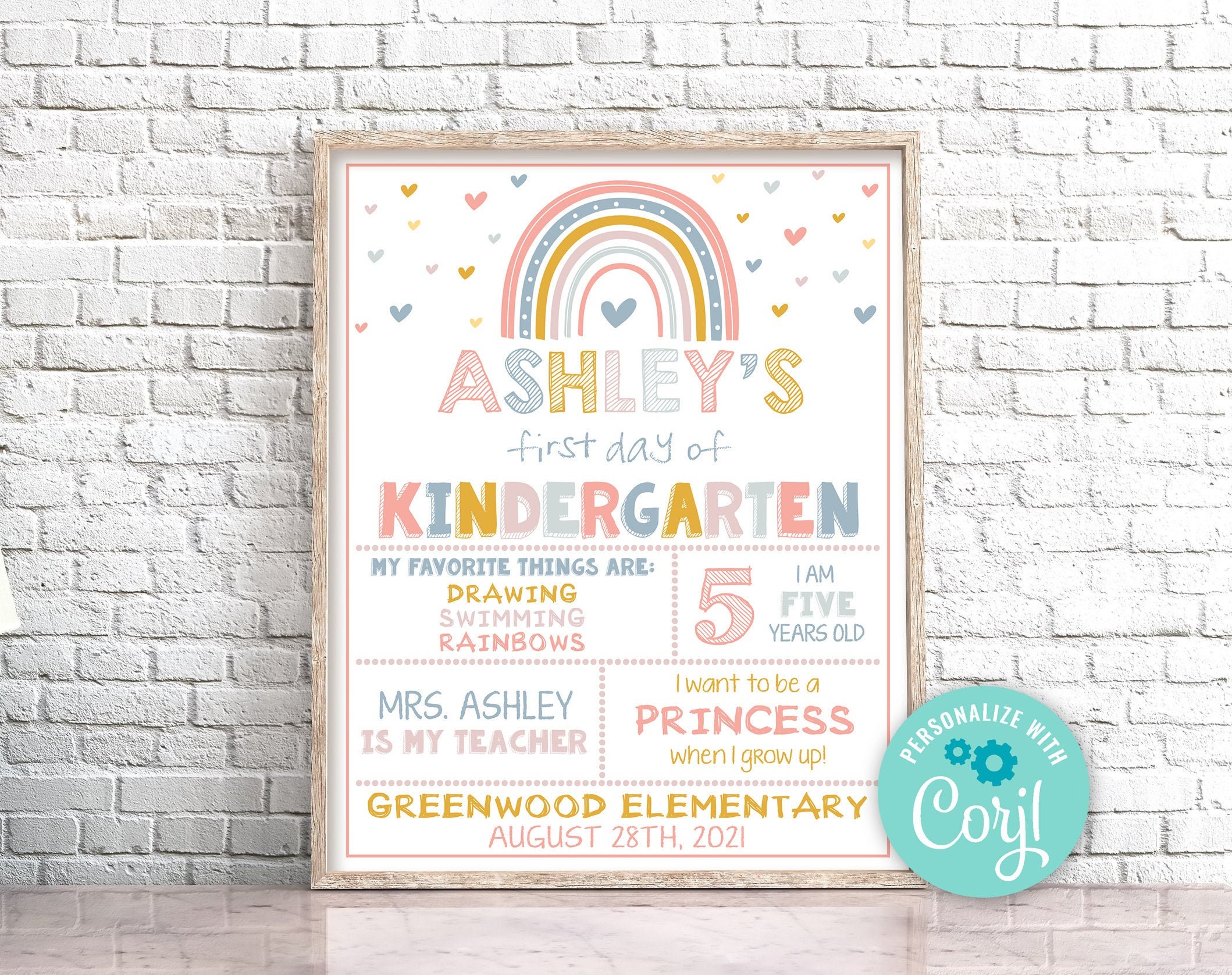 Editable First Day of Kindergarten Sign Boho Rainbow First - Etsy