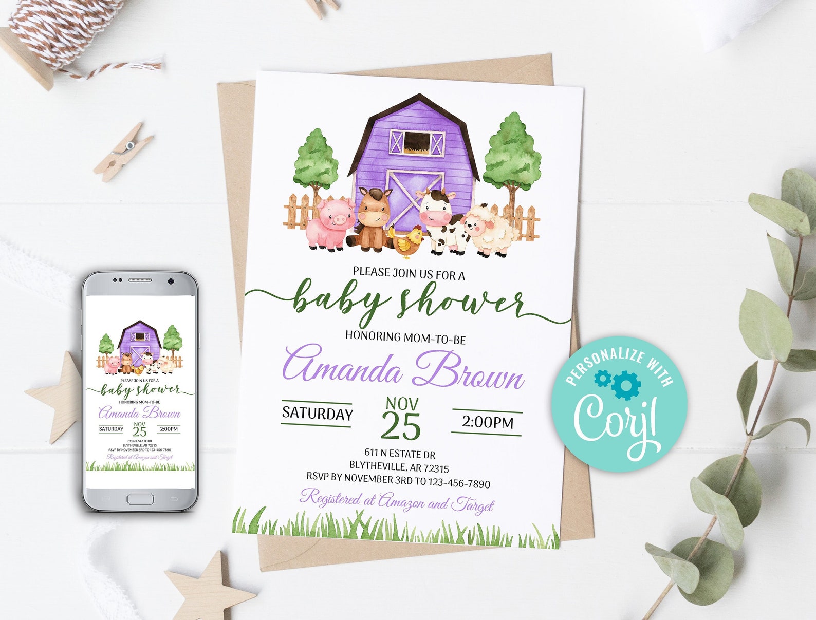 Editable Farm Baby Shower Invitation Purple Farm Animals Baby | Etsy