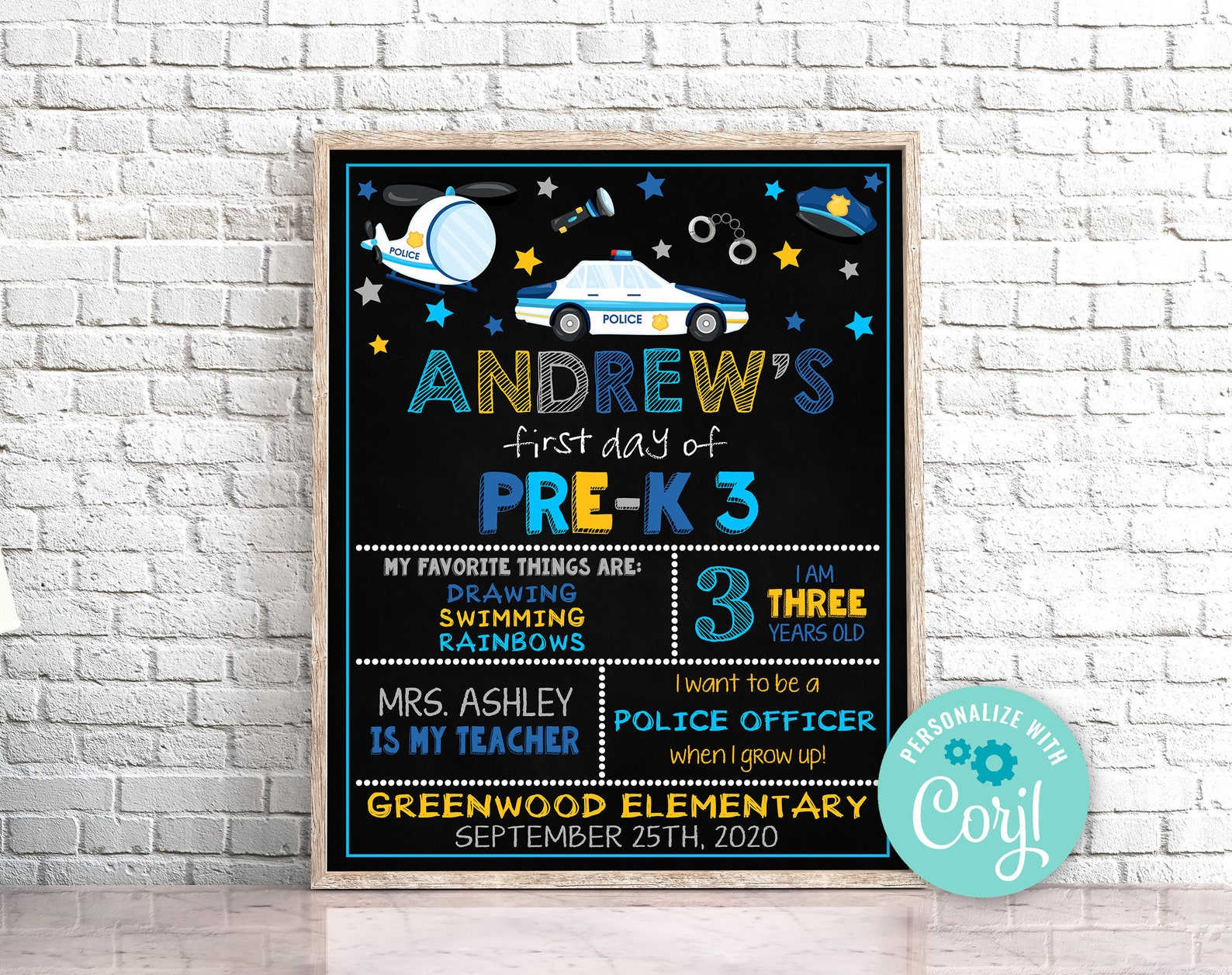 Editable First Day of Pre-k Sign, Police First Day of School Sign ...