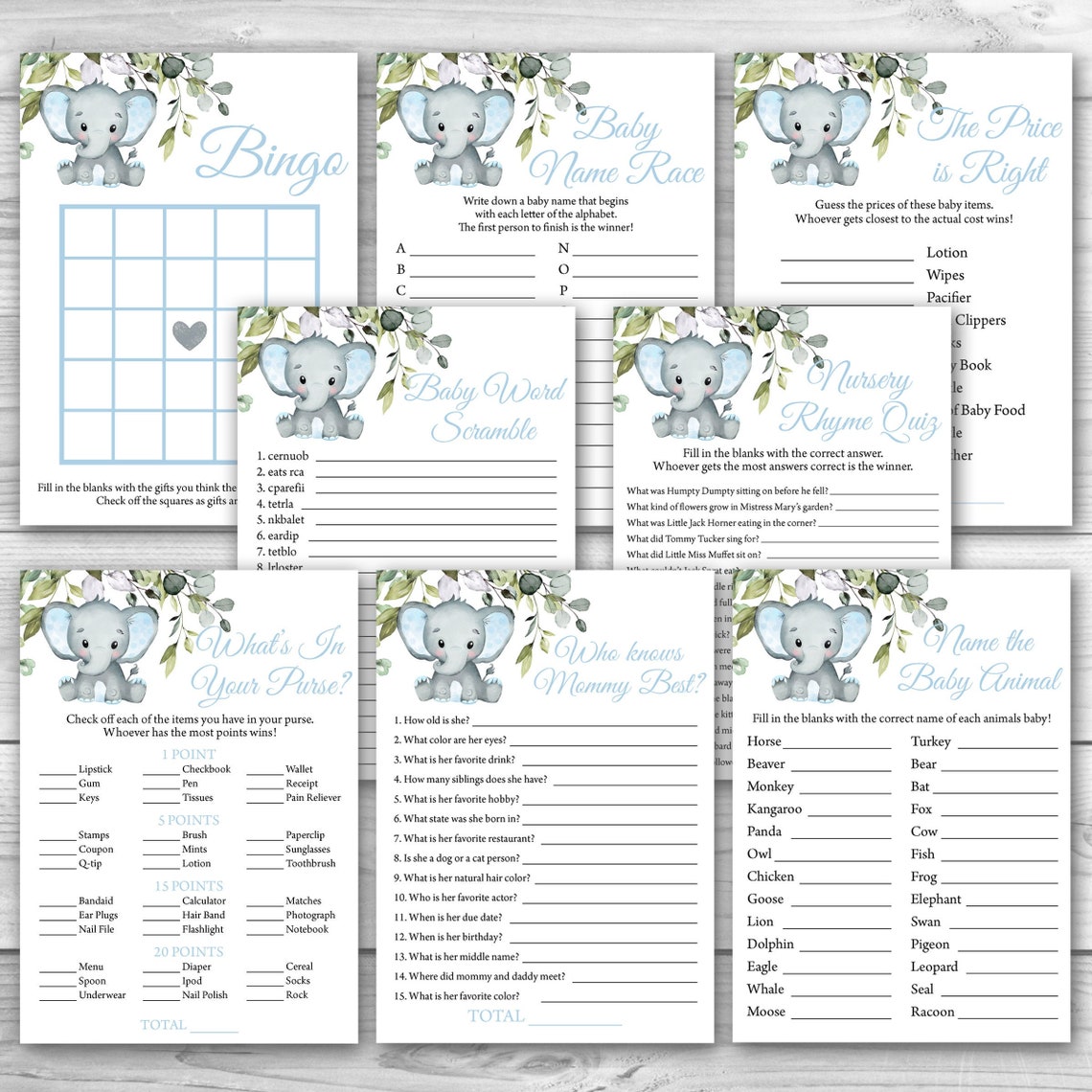 Blue Elephant Baby Shower Game Package, 8 Printable Elephant Baby ...