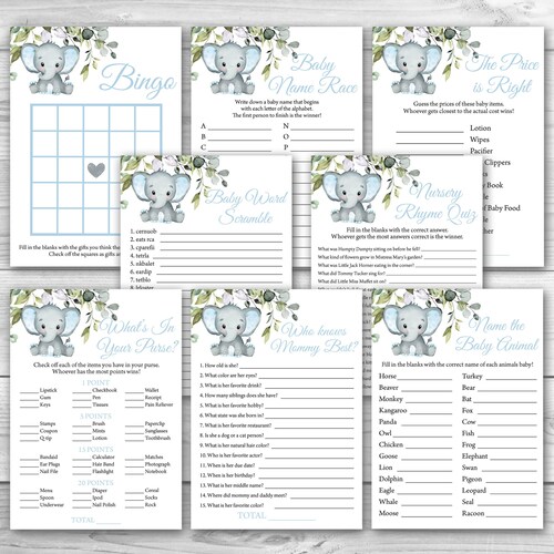 Blue Elephant Baby Shower Game Package 8 Printable Elephant - Etsy