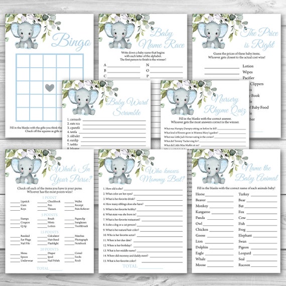 Blue Elephant Baby Shower Game Package 8 Printable Elephant - Etsy