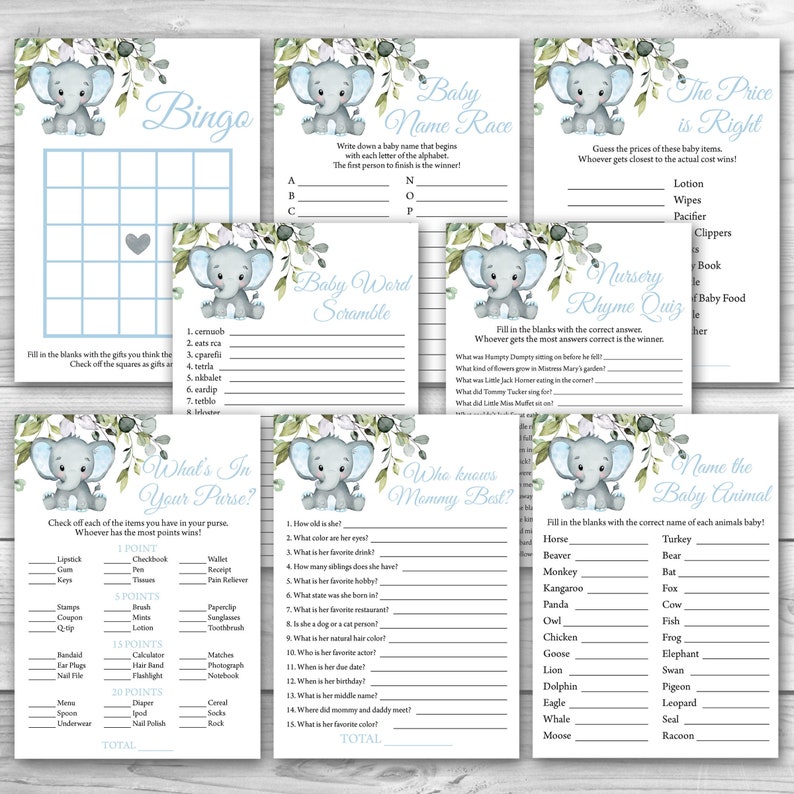 Blue Elephant Baby Shower Game Package 8 Printable Elephant - Etsy