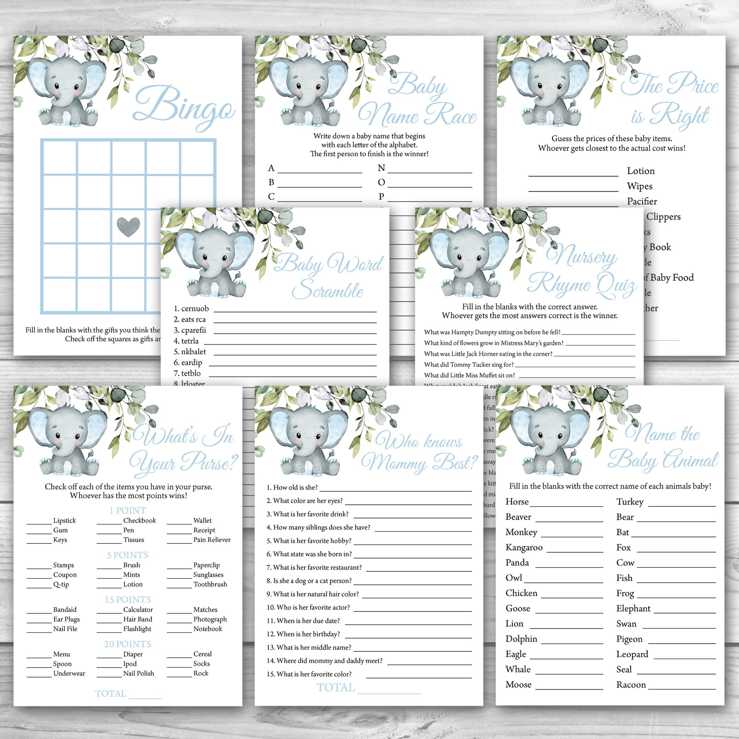 Blue Elephant Baby Shower Game Package 8 Printable Elephant - Etsy