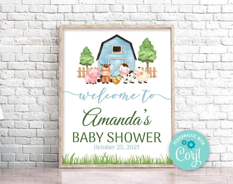 Editable Farm Baby Shower Welcome Sign Farm Animals Welcome Sign Blue ...