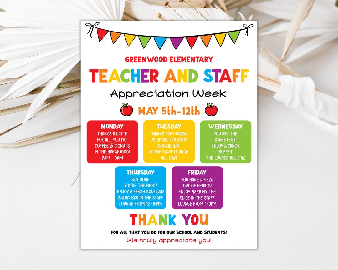 Editable Teacher Appreciation Week Itinerary Poster Teachers Staff ...