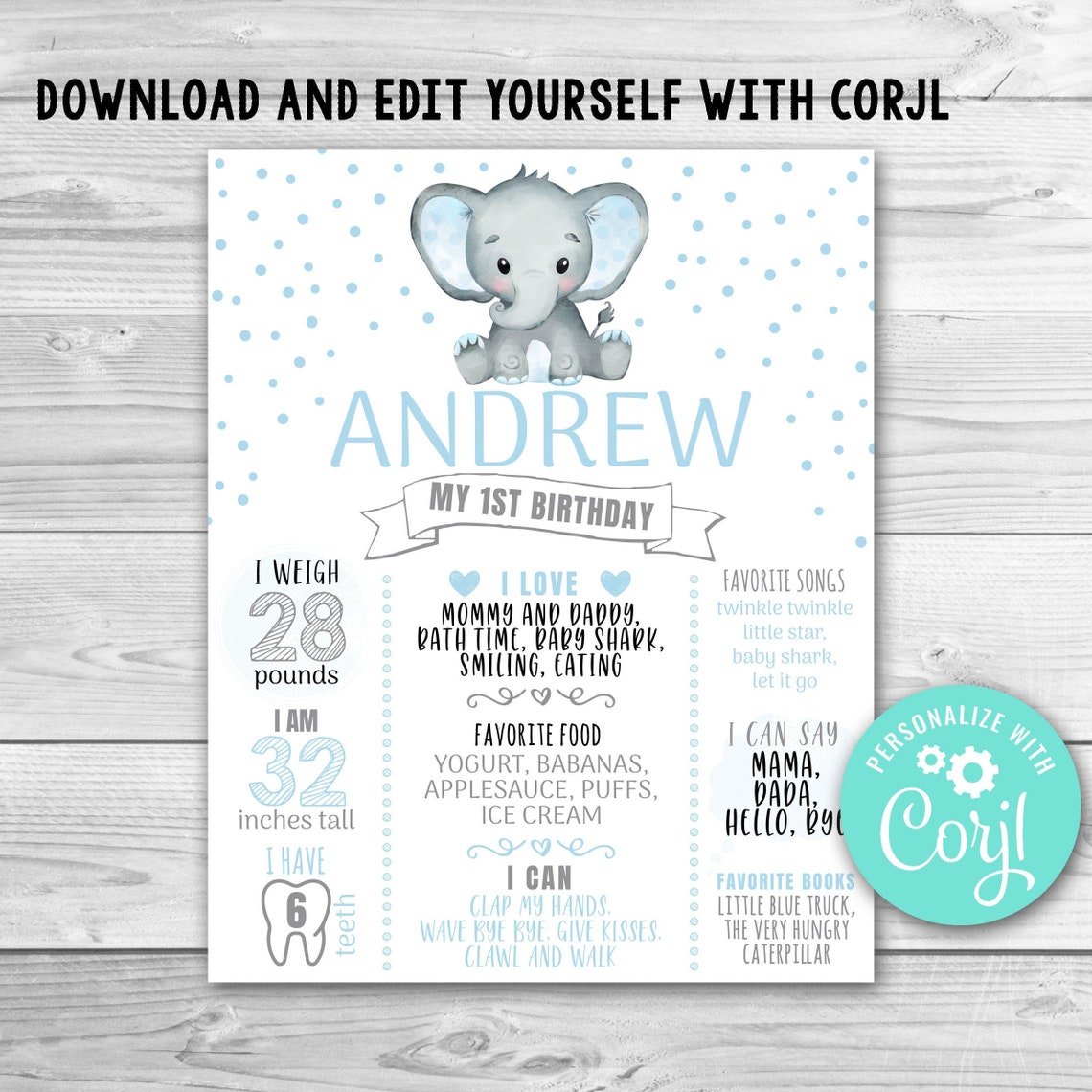 Editable Blue Elephant Milestone Birthday Poster Boy Elephant | Etsy