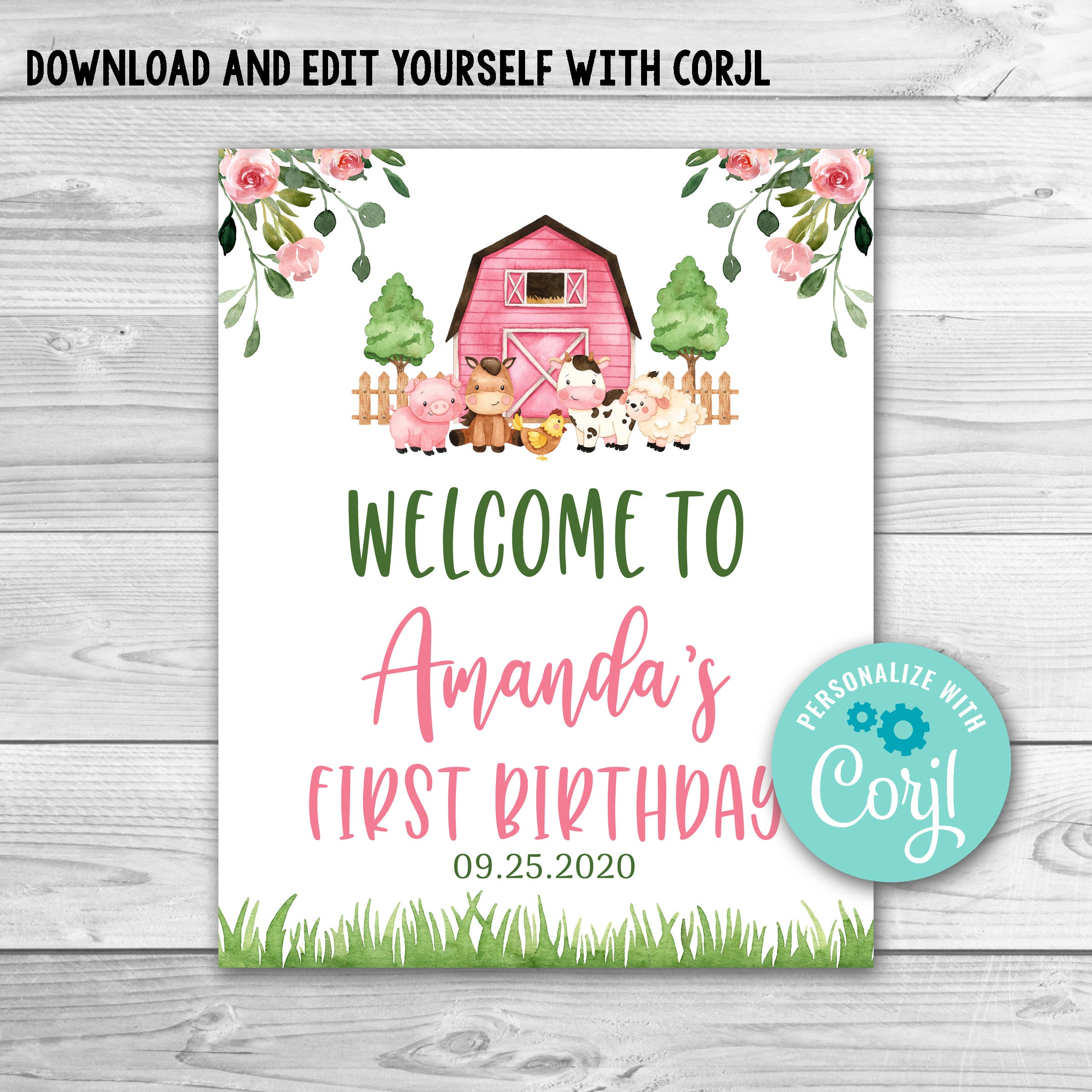 Editable Farm Birthday Welcome Sign. Farm Animals Welcome Sign. Pink ...