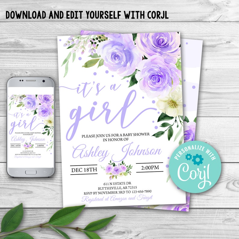 EDITABLE Purple Baby Shower Set. Purple Baby Shower Invitation - Etsy