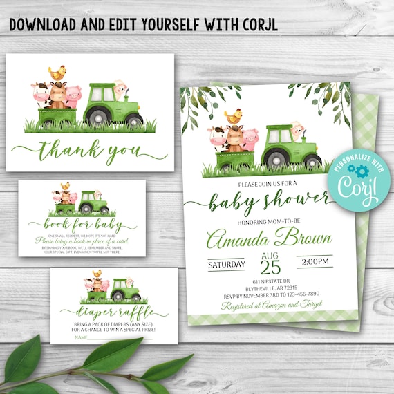 Editable Farm Animal Baby Shower Invitation Set Green Tractor - Etsy