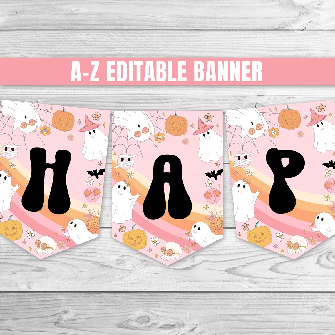 Editable Spooky Halloween Birthday Banner Groovy Rainbow Ghost - Etsy