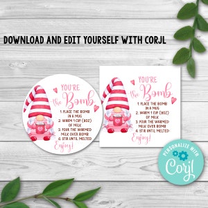 Editable Valentine Gnome Hot Cocoa Bomb Tags Gnome Valentine's Day Gift ...