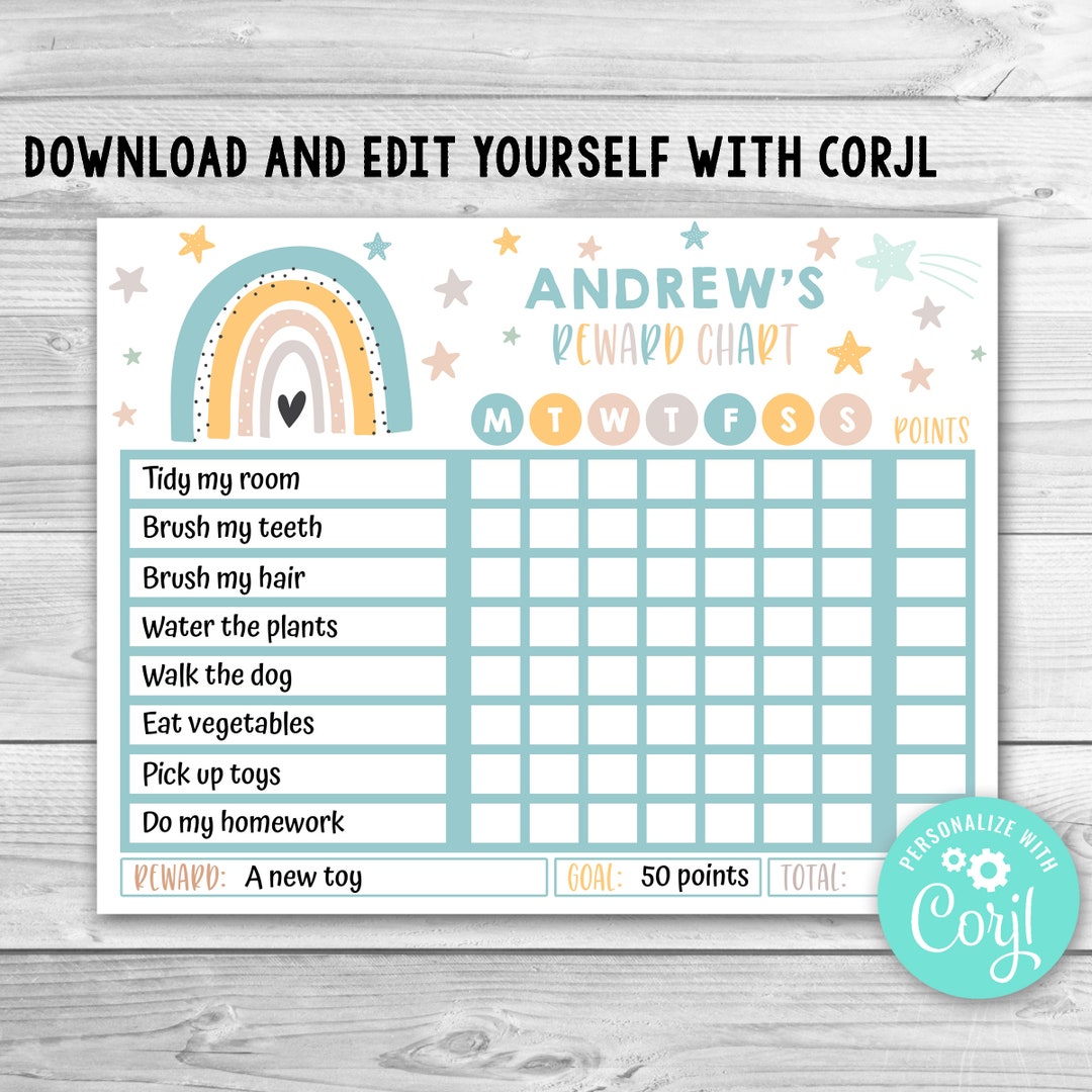 Editable Boy Rainbow Reward Chart for Kids Rainbow Routine Chart ...