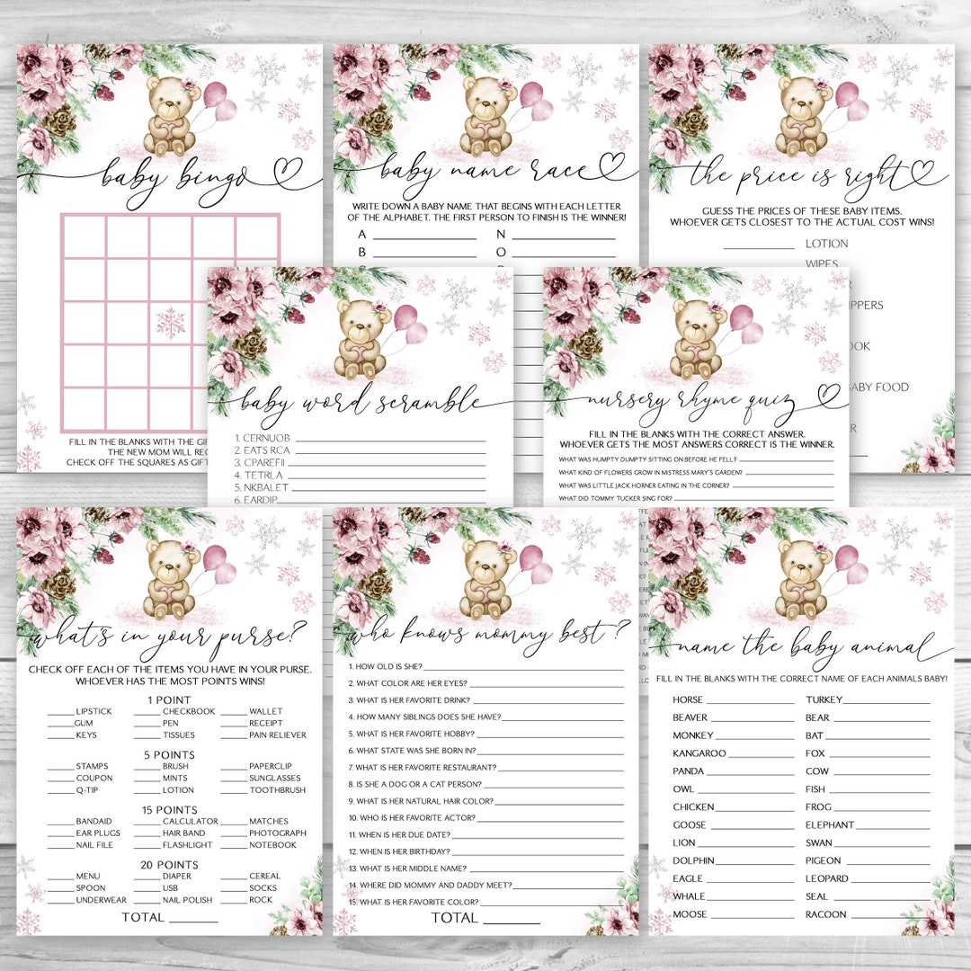 Winter Bear Baby Shower Game Package, 8 Printable Winter Baby Shower ...