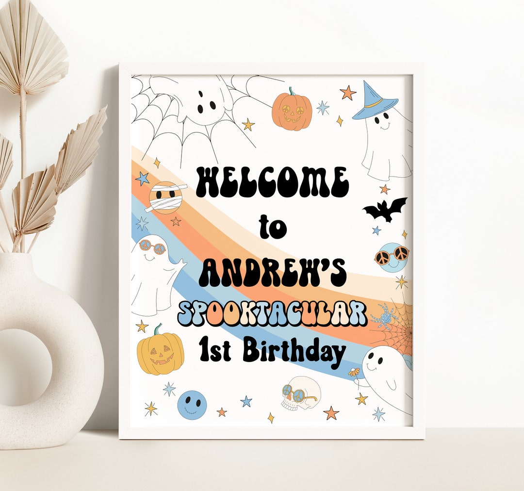 Editable Groovy Retro Halloween Birthday Welcome Sign Hippie Halloween ...