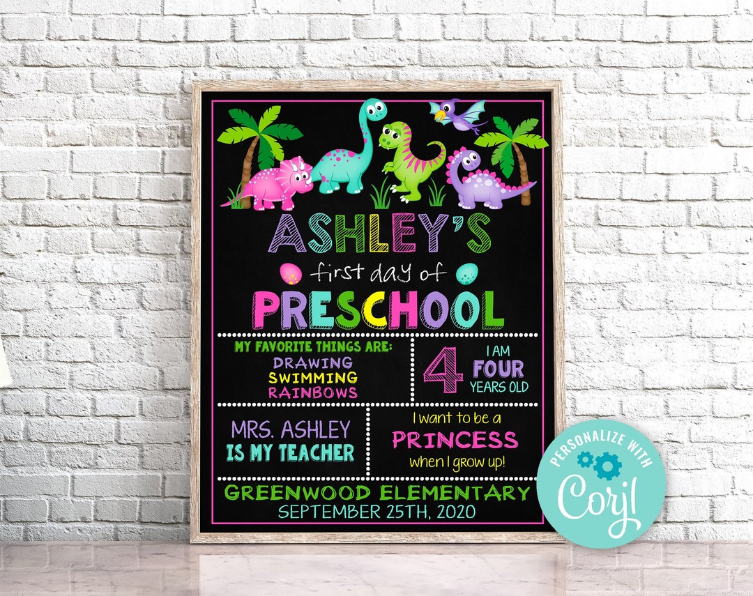 Editable First Day of Preschool Sign, Dinosaur First Day of School Sign ...