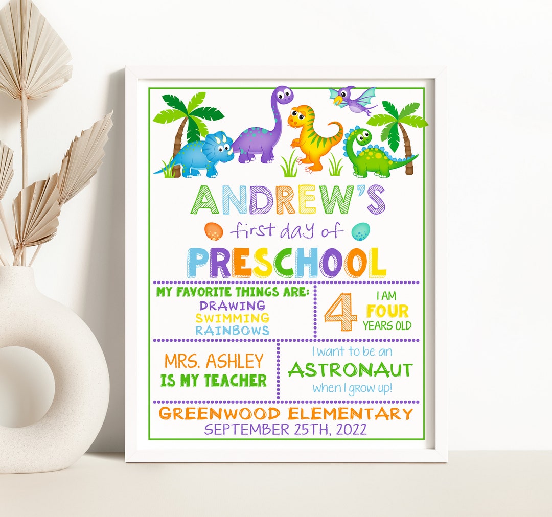 Editable First Day of Preschool Sign, Dinosaur First Day of School Sign ...