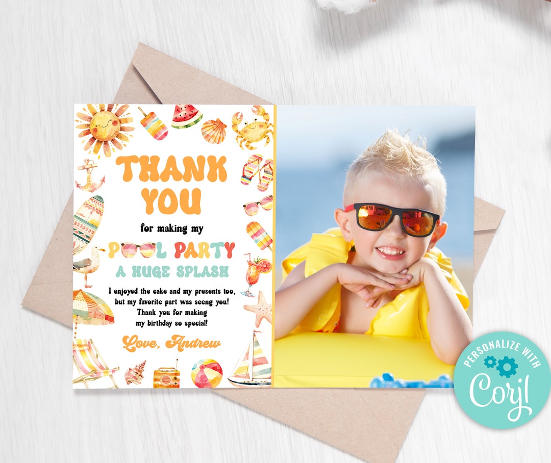 Editable Pool Party Thank You Card Tropical Splish Splash Pool Party ...