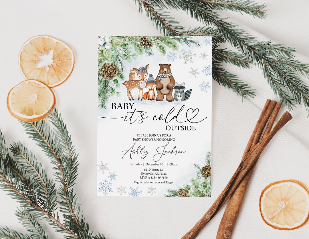 Editable Winter Woodland Animals Baby Shower Invitation Baby It's Cold ...