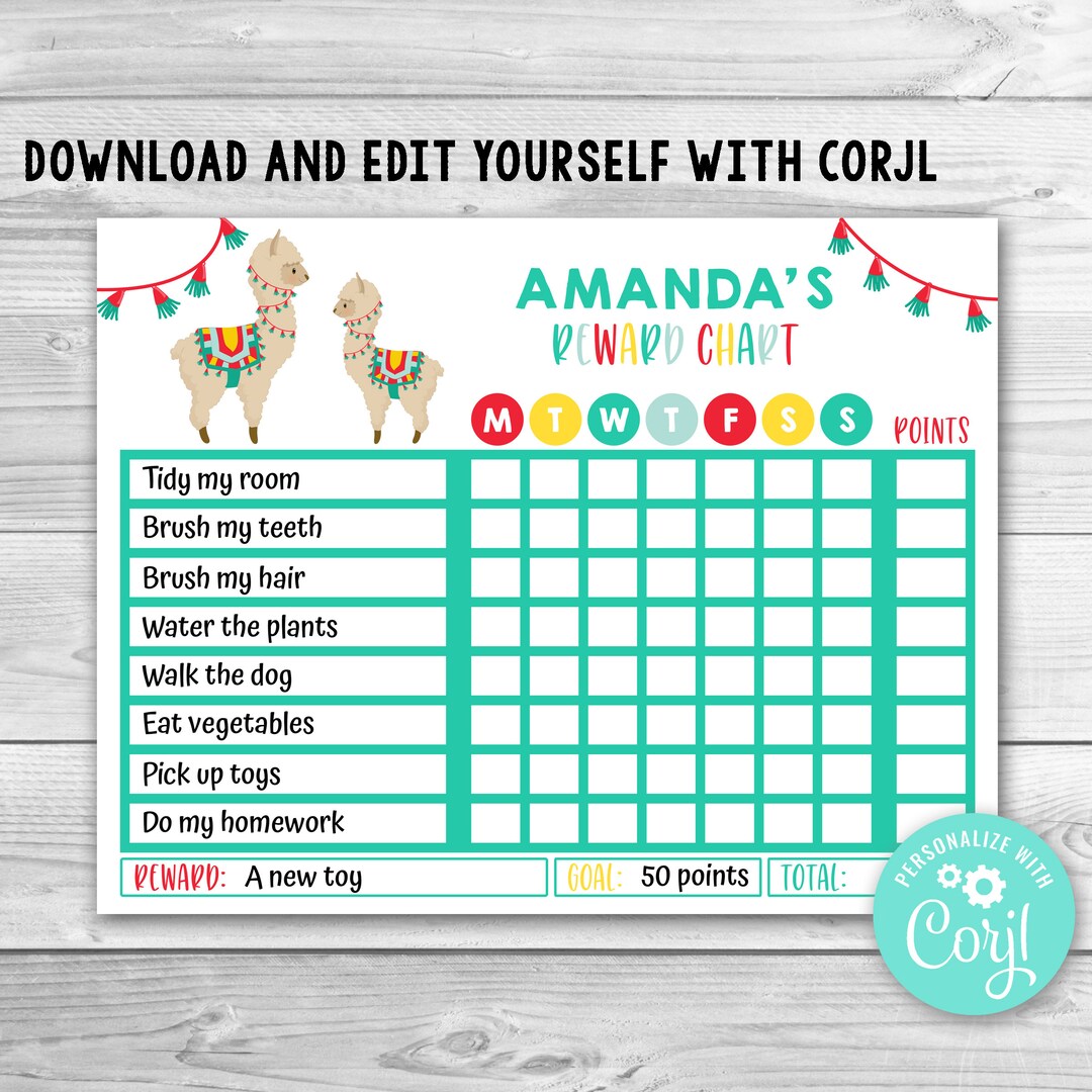 Editable Llama Reward Chart for Kids, Llama Routine Chart, Llama Kids ...