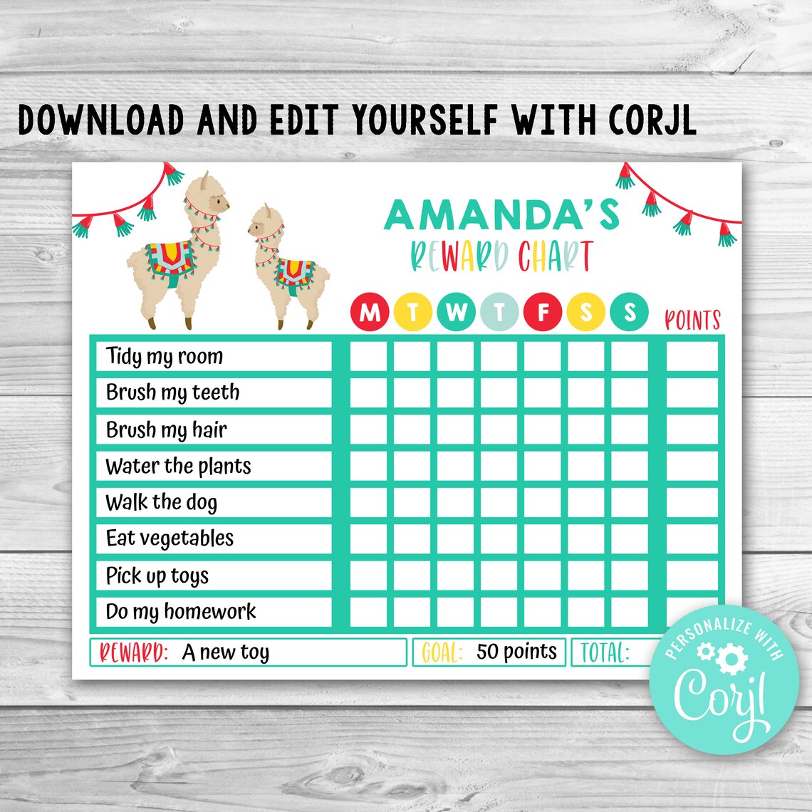Editable Llama Reward Chart for Kids, Llama Routine Chart, Llama Kids ...