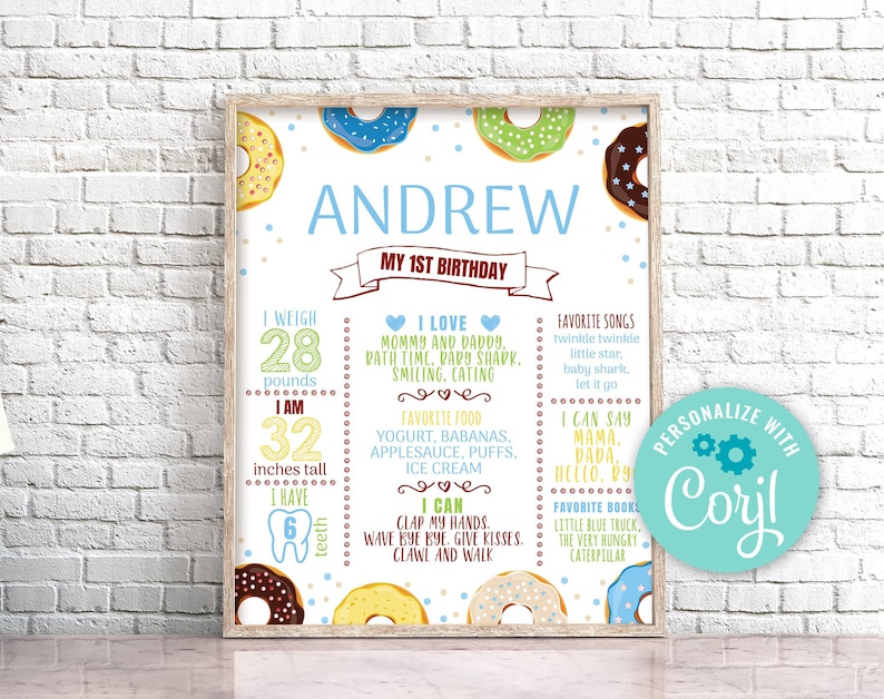 Editable Donut Milestone Birthday Poster, Boy Donut First Birthday ...