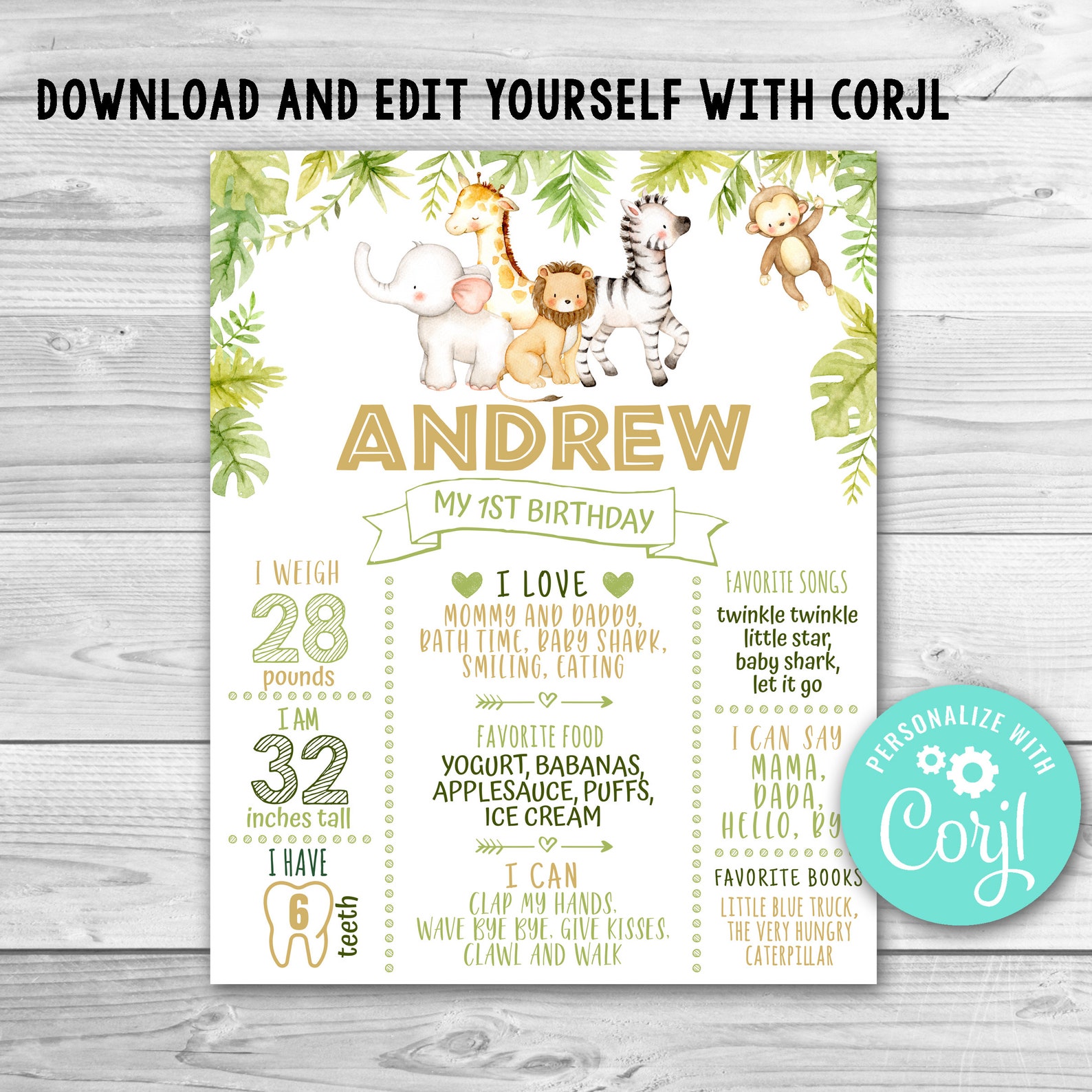 Editable Safari Animals Birthday Milestone Sign Jungle | Etsy