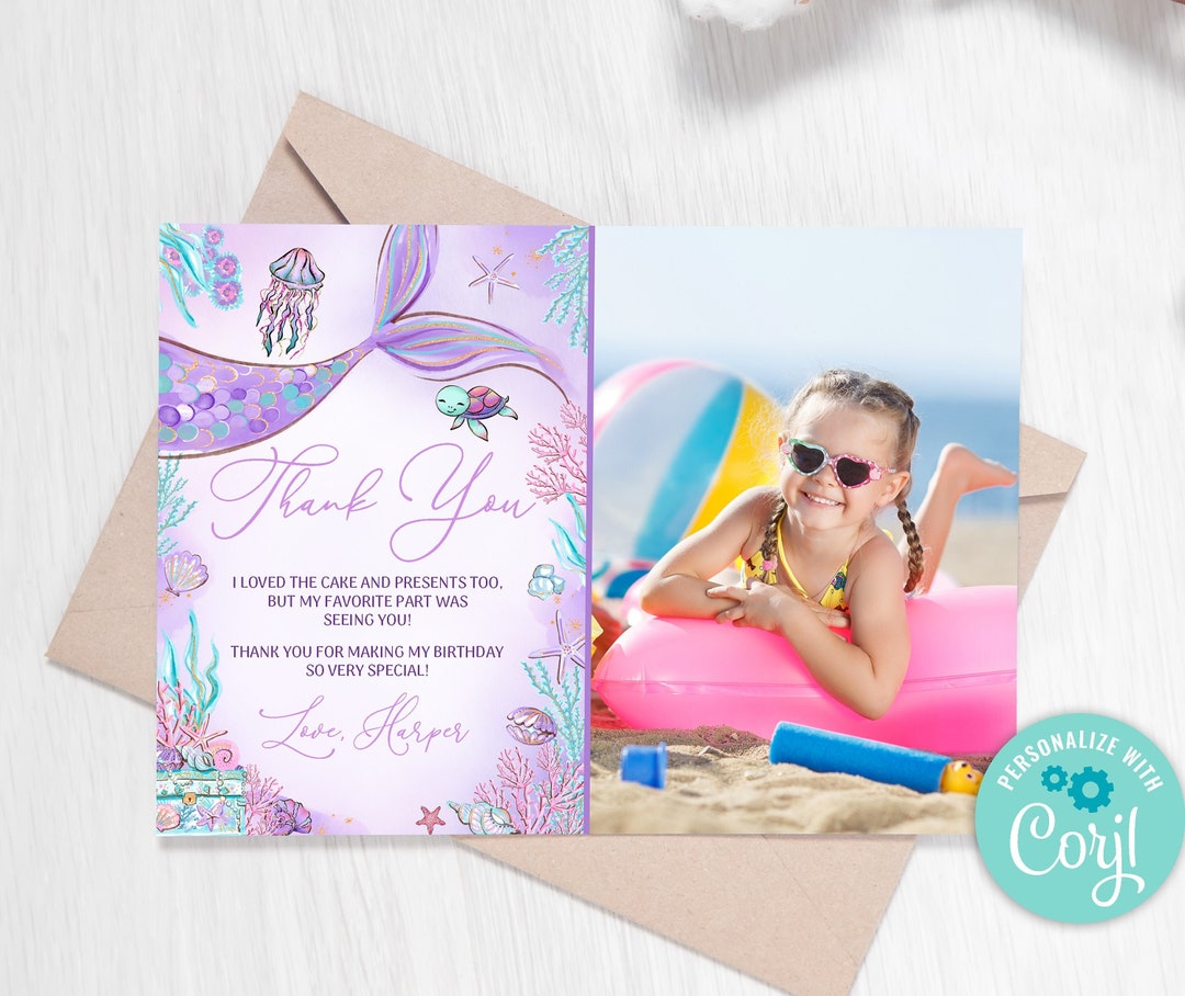 Editable Mermaid Thank You Card Mermaid Under the Sea Pool Party Thank ...