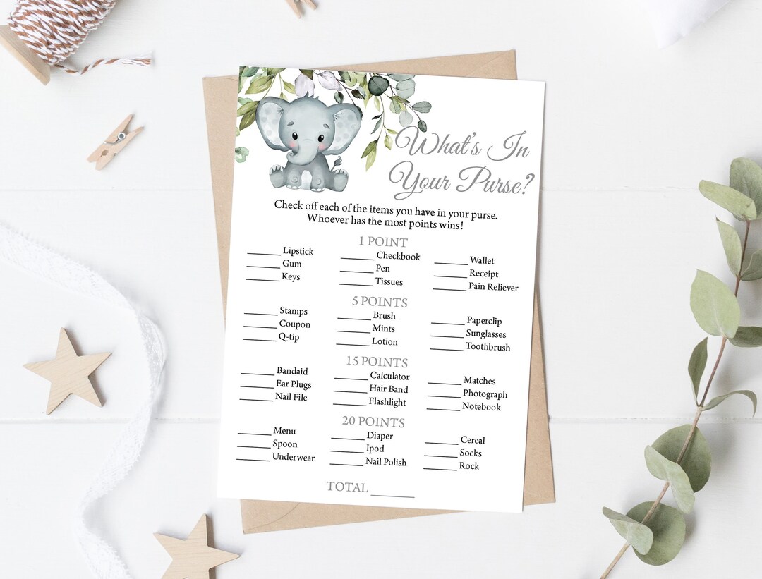 Grey Elephant What's in Your Purse Baby Shower Game Gender Neutral ...