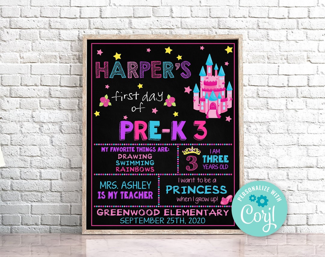 Editable First Day of Pre-k Sign, Princess First Day of Pre-k ...