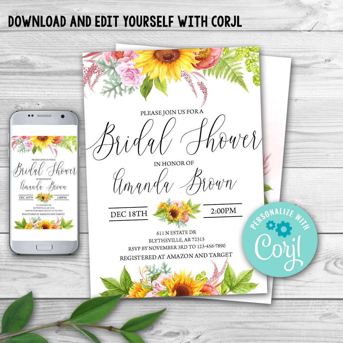 Sunflower Bridal Shower Invitation EDITABLE Watercolor | Etsy