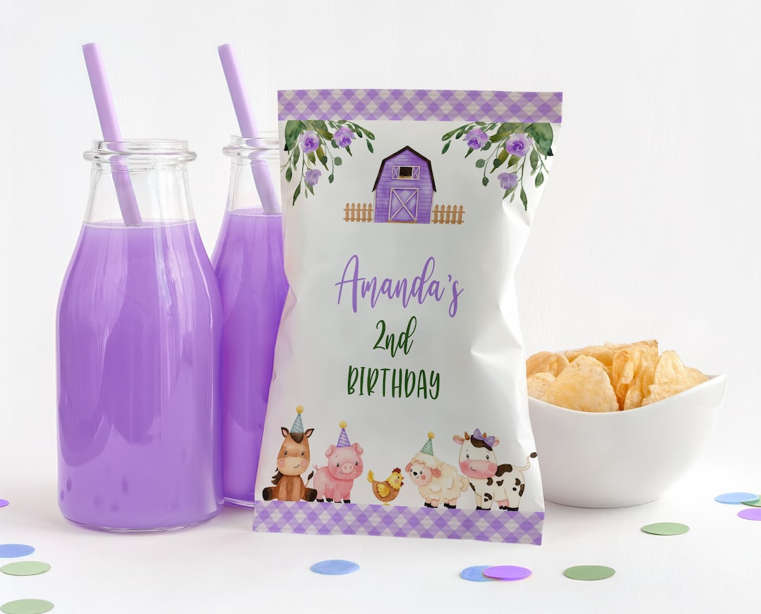EDITABLE Purple Farm Chip Bag Wrapper Labels Farm Animals Chip Party ...