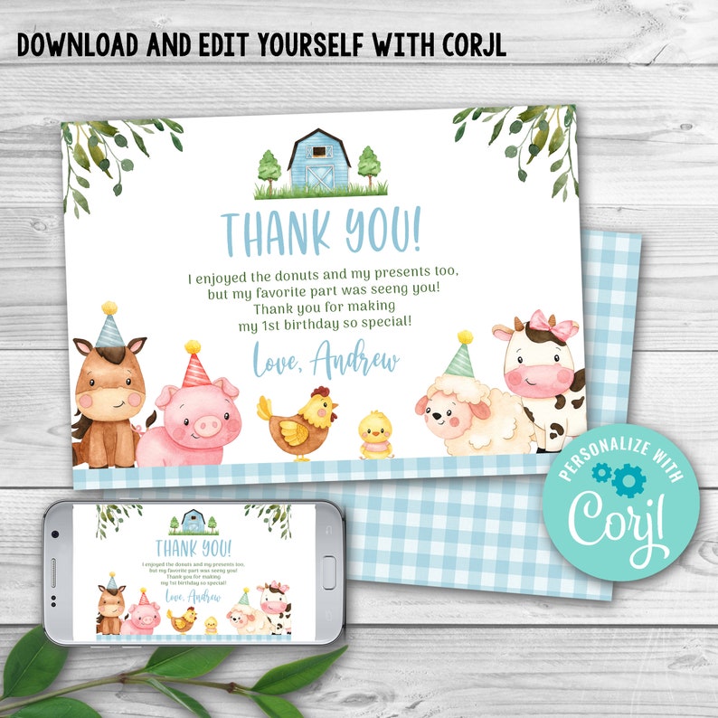 Editable Farm Thank You Card Blue Farm Birthday Party Thank You Farm ...