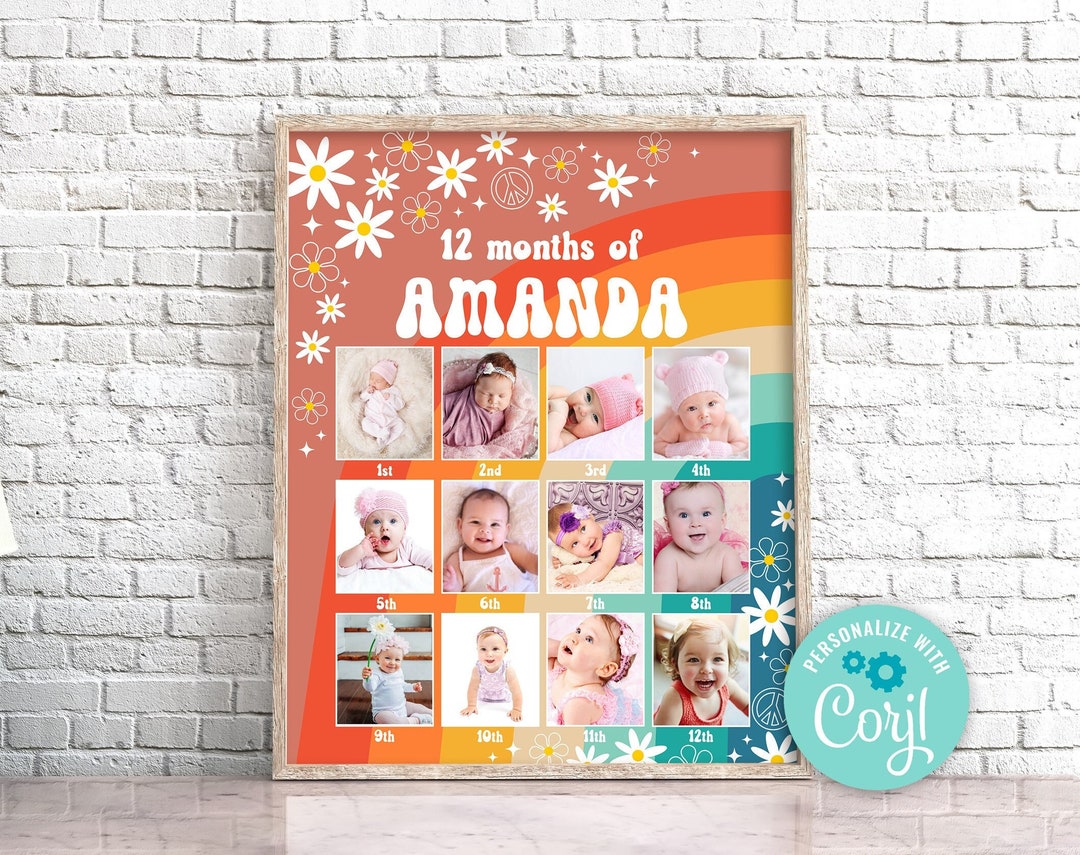 Editable Groovy First 12 Months Photo Collage Groovy One First Birthday ...
