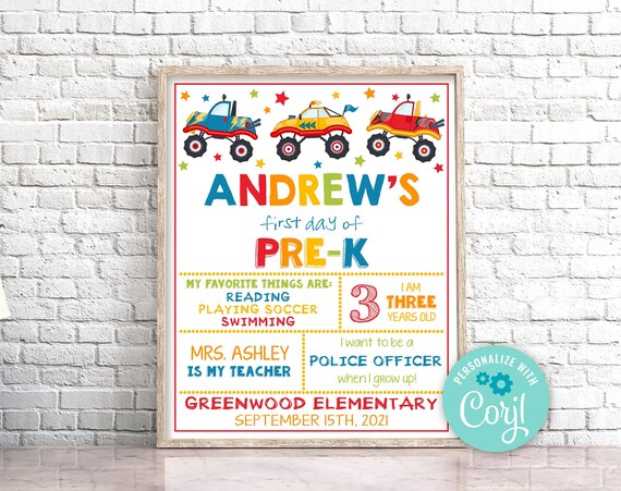 Editable First Day of Pre-k Sign Monster Truck First Day of - Etsy