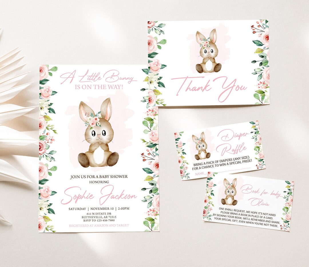Editable Bunny Baby Shower Set Pink Floral Bunny Baby Shower Pack Girl ...