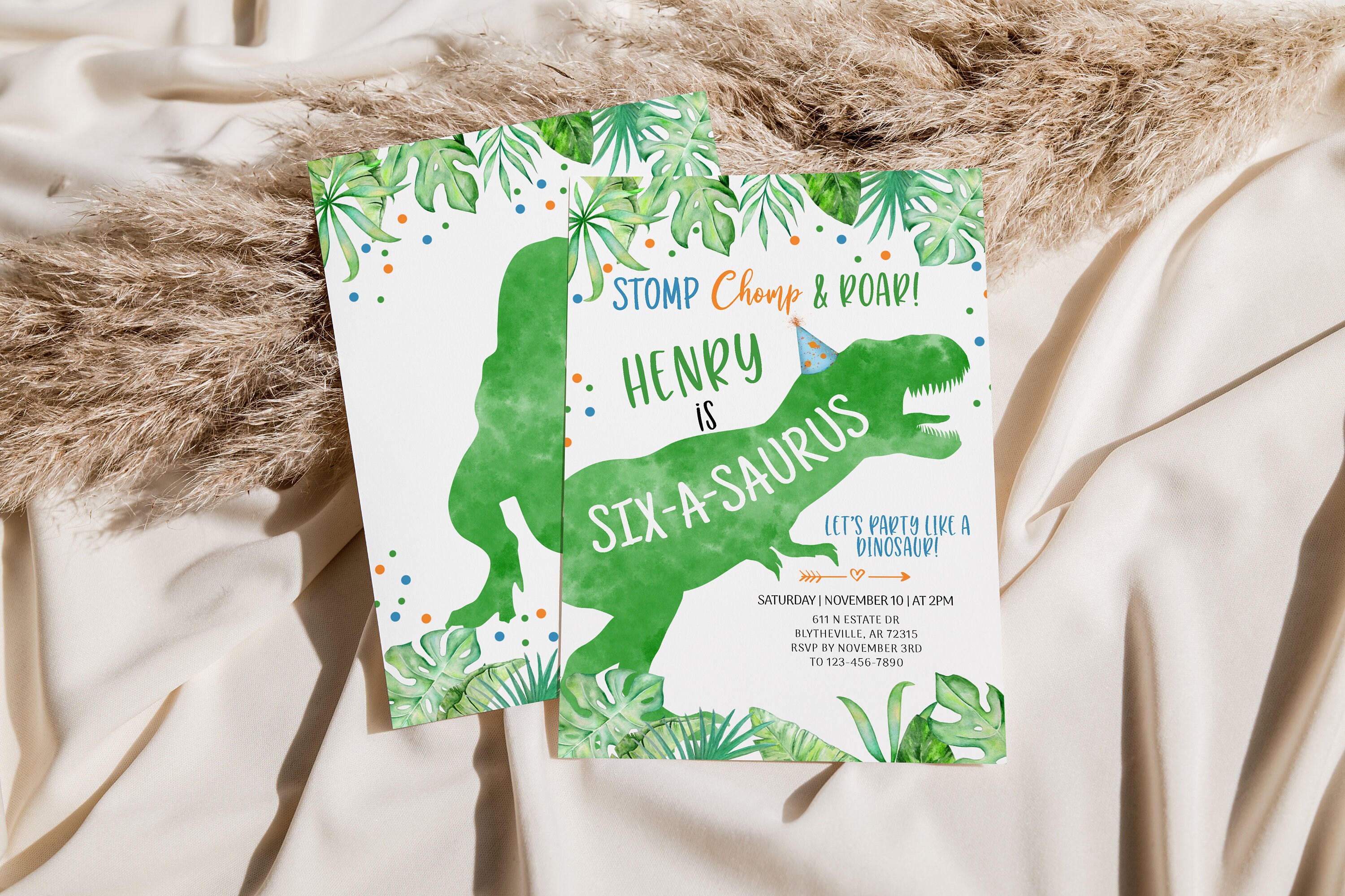 EDITABLE Six-a-saurus Dinosaur Birthday Invitation Green Dino T-rex ...