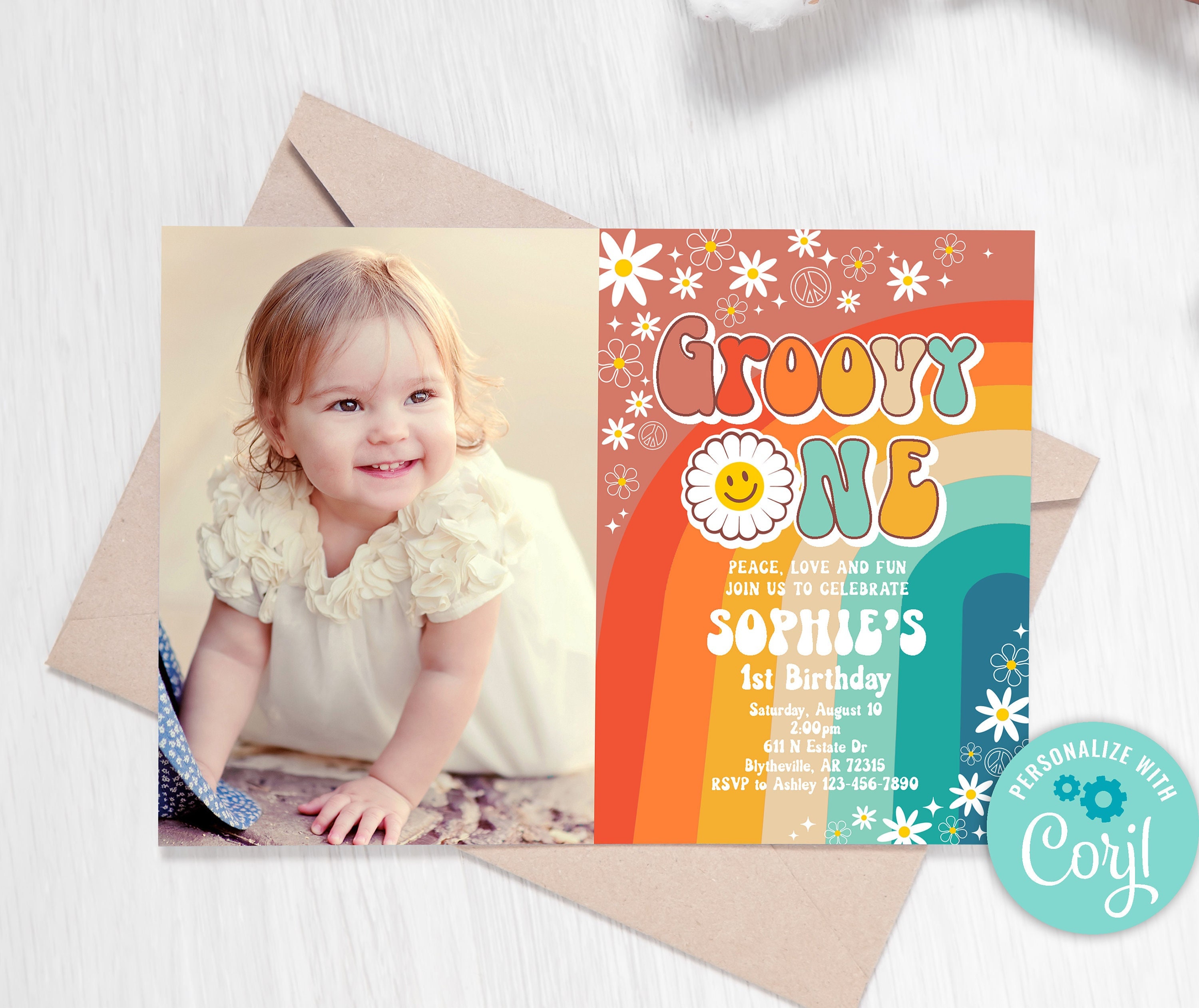 Editable Groovy One Birthday Party Invitation Daisy Hippie - Etsy