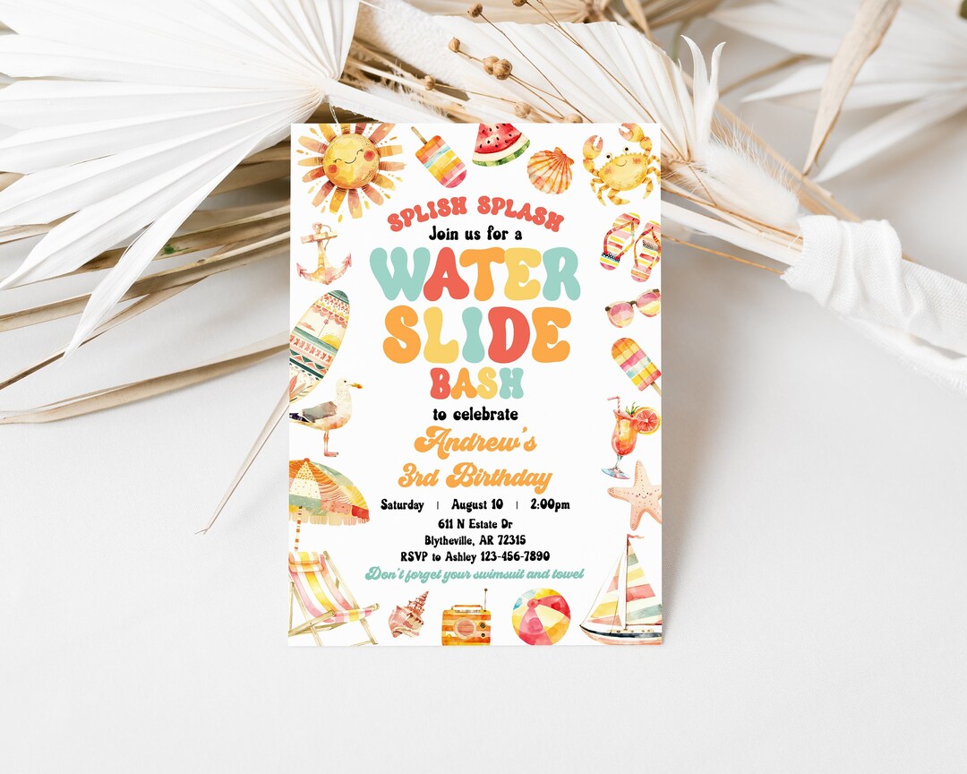 Editable Water Slide Birthday Party Invitation Tropical Splish Splash ...