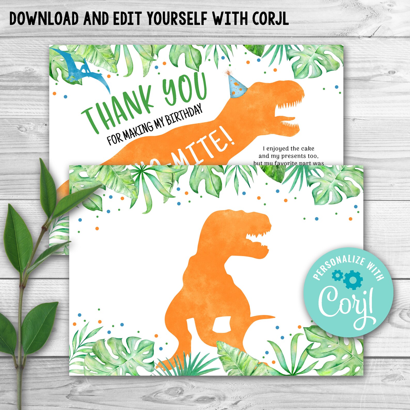 EDITABLE Watercolor Dinosaur Thank You Card, Dinosaur Birthday Thank ...
