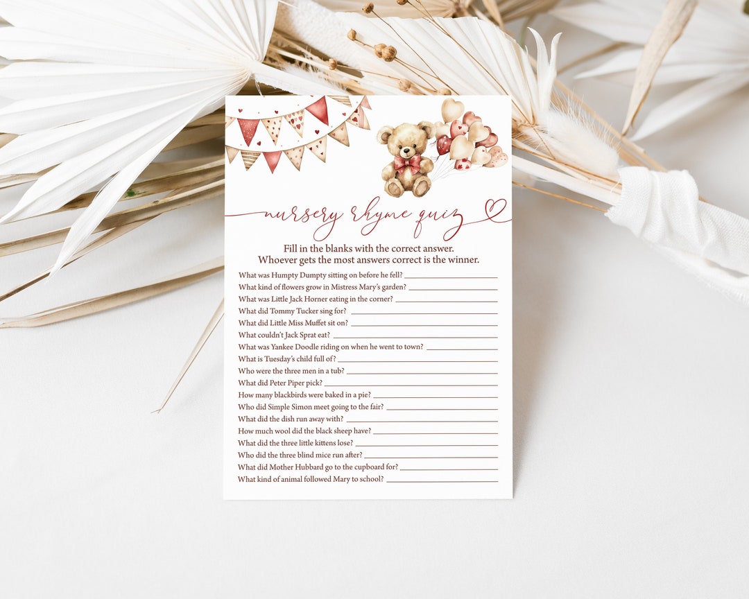 Valentine Bear Nursery Rhyme Quiz Baby Shower Game Valentine Baby ...