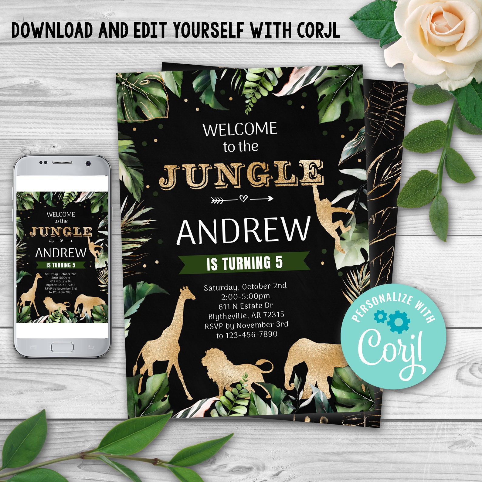 EDITABLE Safari Party Invitation Gold WILD Animal - Etsy