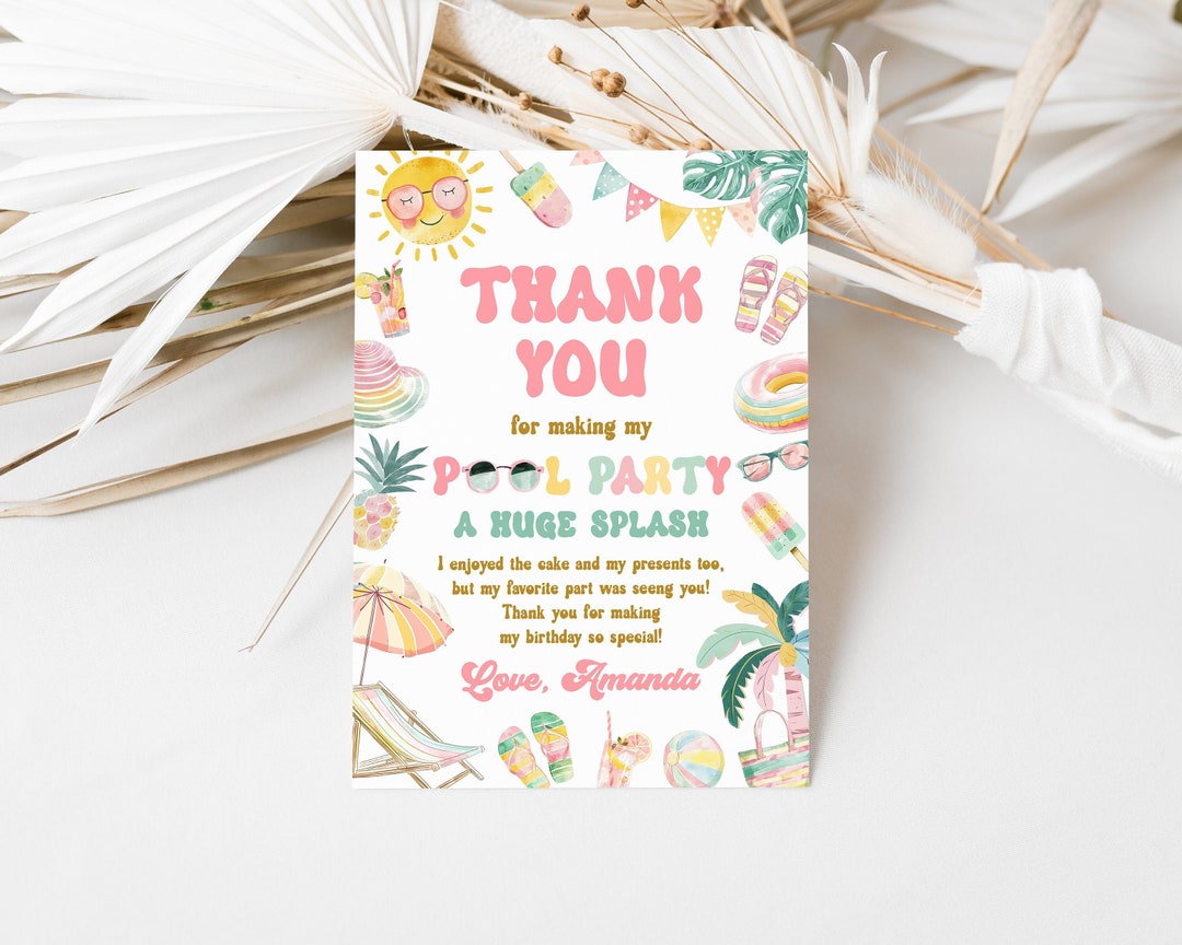 Editable Pool Party Thank You Card Tropical Splish Splash Pool Party ...