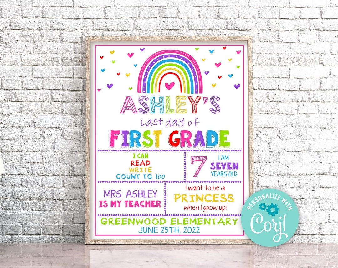 Editable Last Day of First Grade Sign Rainbow Last Day of School Sign ...