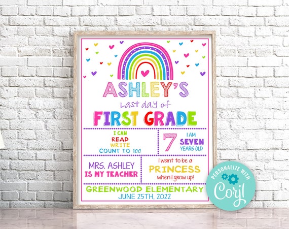 Editable Last Day of First Grade Sign Rainbow Last Day of | Etsy