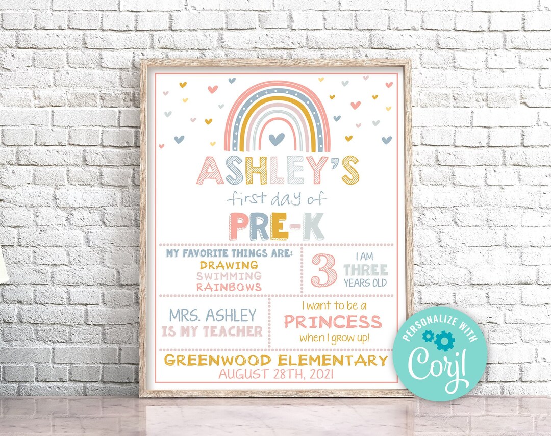 Editable First Day of Pre-k Sign Boho Rainbow First Day of School Sign ...
