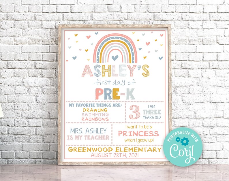 Editable First Day of Pre-k Sign Boho Rainbow First Day of - Etsy